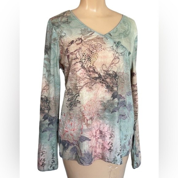 ONE WORLD | Tops | One World V Neck Light Multicolor Embellished Top ...